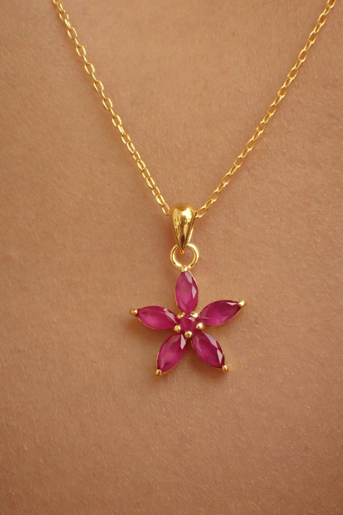Ruby Flower Necklace, July Birthstone Gift, Marquise Cut Flower Pendant ...