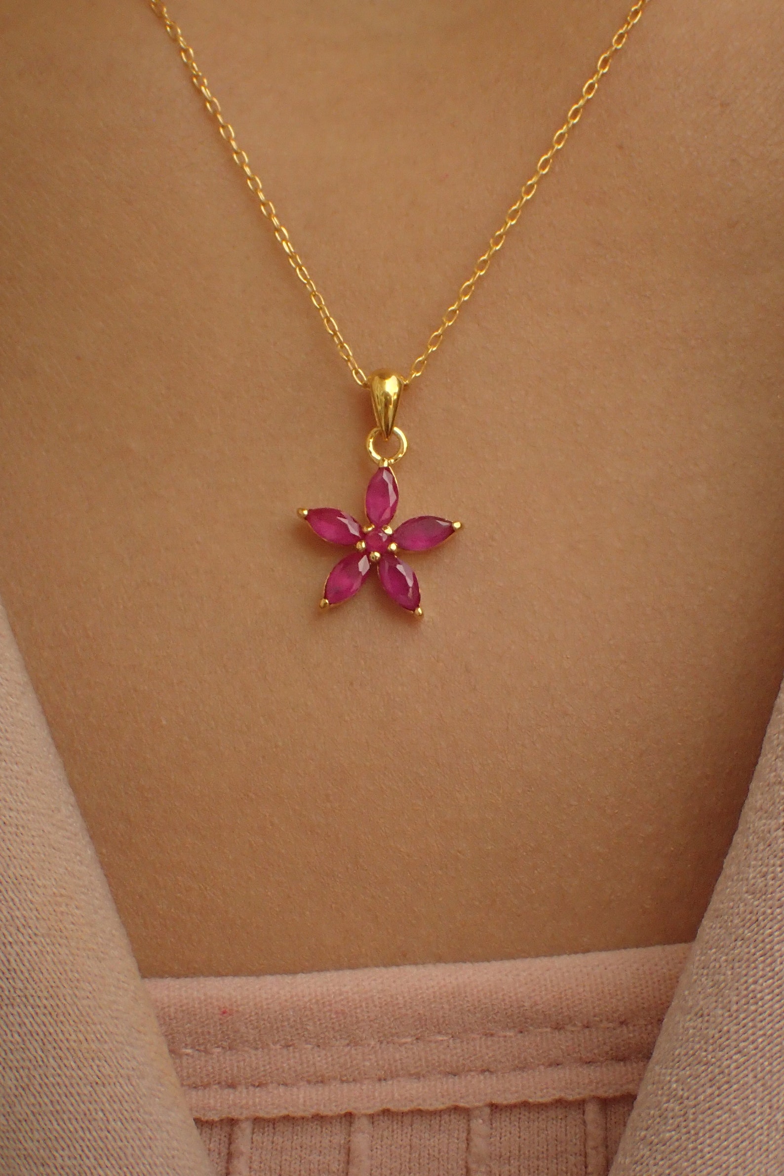 Ruby Flower Necklace, July Birthstone Gift, Marquise Cut Flower Pendant ...