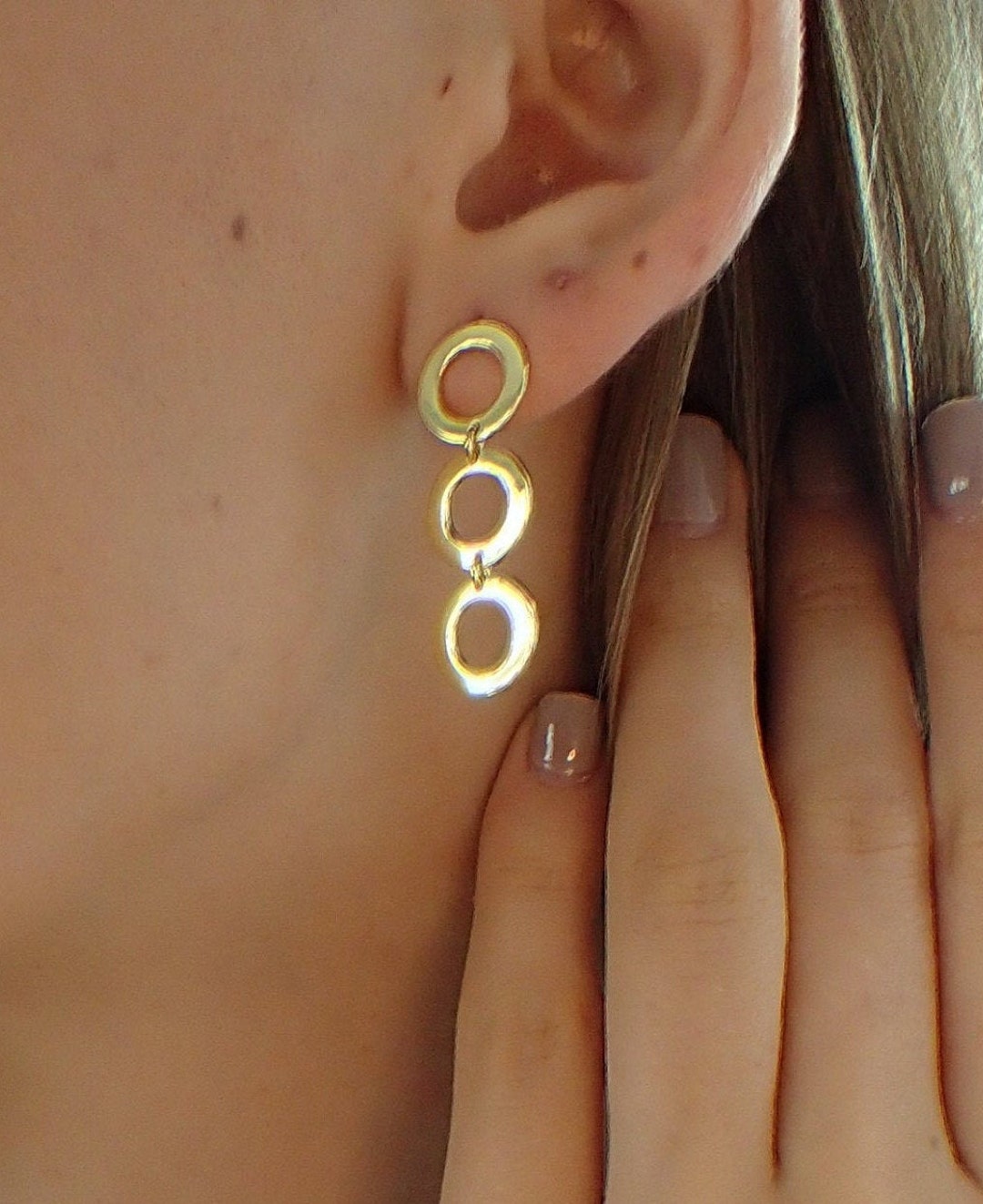 Triple Circle Stud Earrings, Dangle Drop Earrings, Sterling Silver Circle Stud Earrings ...