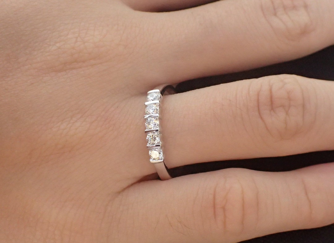 Five Stones Moissanite Band, 5 Stones Bar Set Ring, 5 Years Anniversary ...