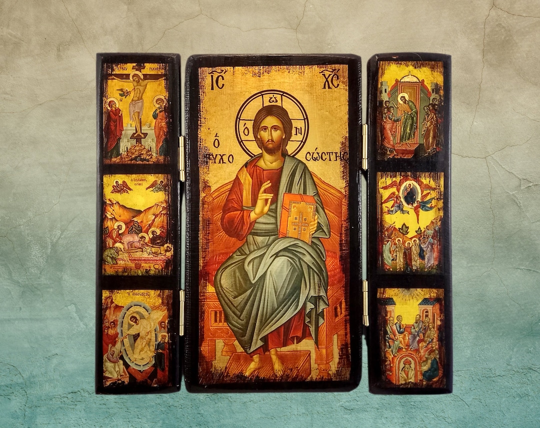 JESUS CHRIST Enthroned, Byzantine Triptych Icon, Handmade Icon ...