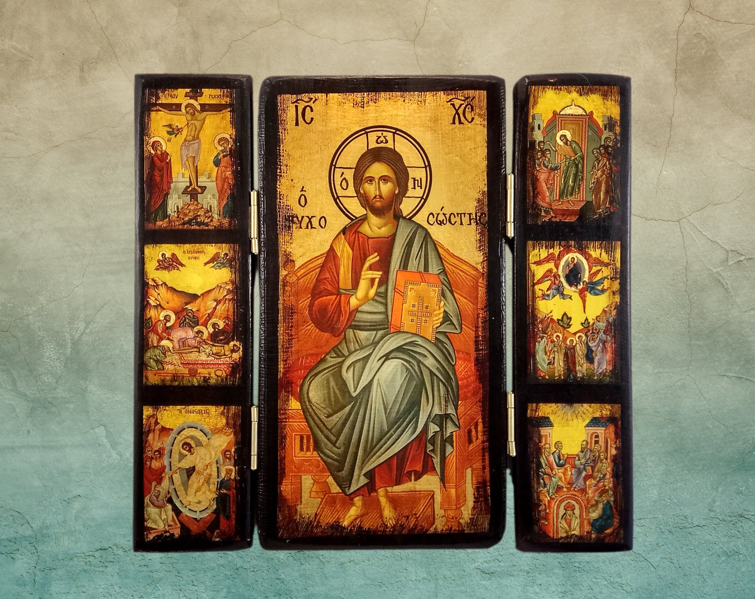 JESUS CHRIST Enthroned Byzantine Triptych Icon Handmade - Etsy
