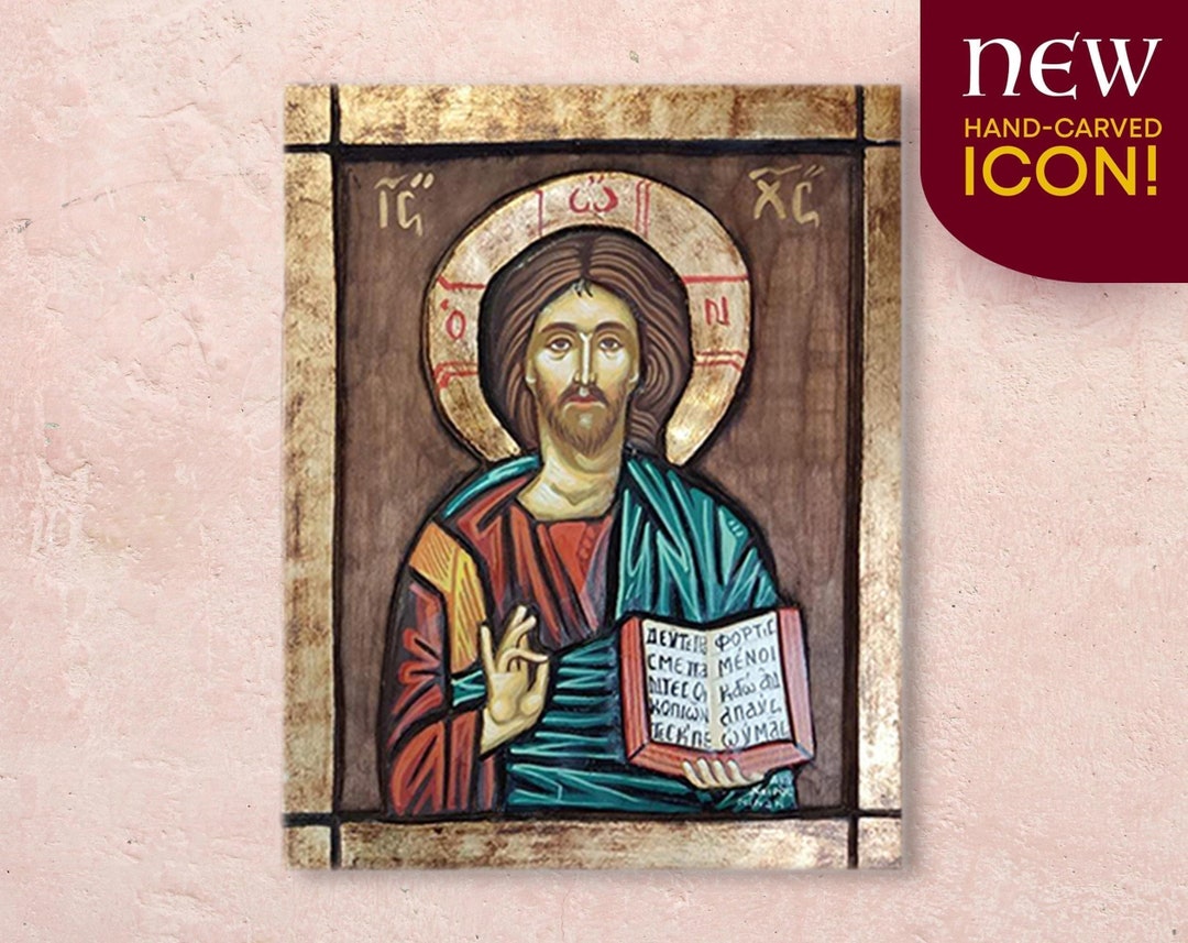 JESUS CHRIST BLESSING, Wood Carved Hagiography Icon, Handmade Icon ...
