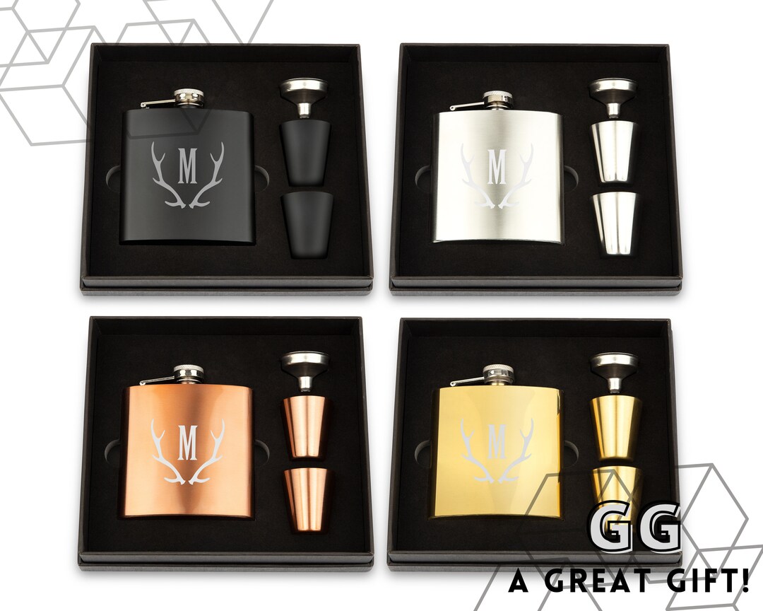 Custom Initial Antler Flask Gift Set - Personalized Flask Set With Shot ...