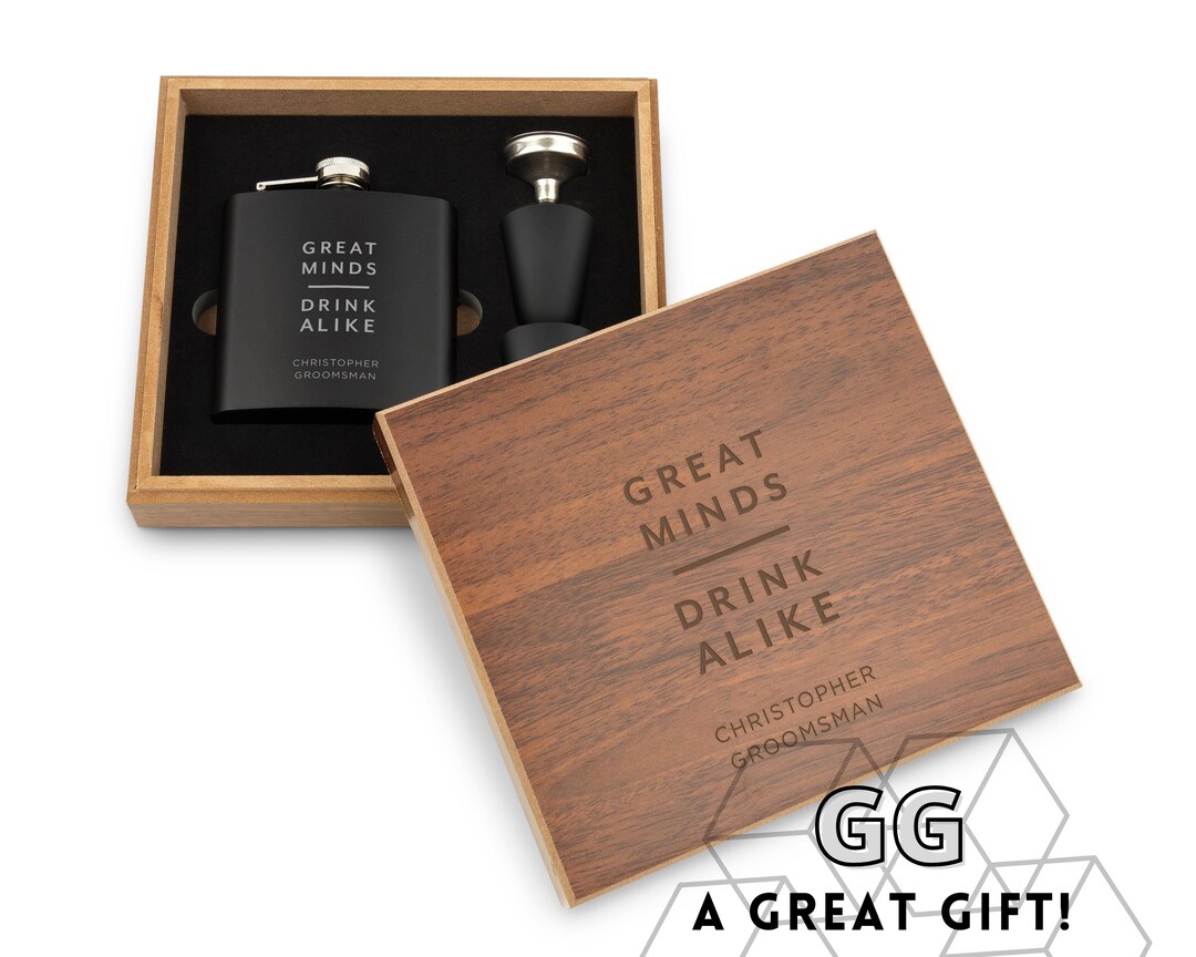 Great Minds Drink Alike Flask Gift Set - Personalized Flask - Gift for ...