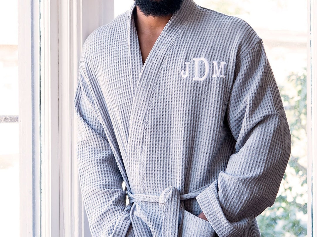Personalized Gray Waffle Robe – Custom Men's Robe – Embroidered Robe ...