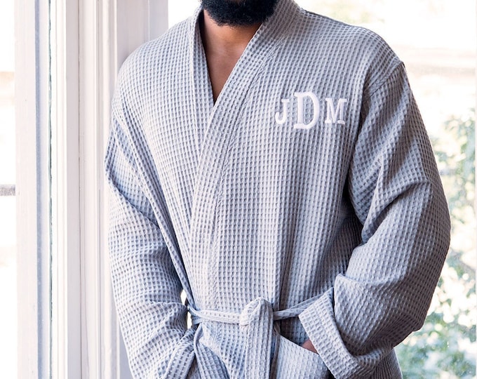 Personalized Gray Waffle Robe Custom Men's Robe Embroidered Robe for ...