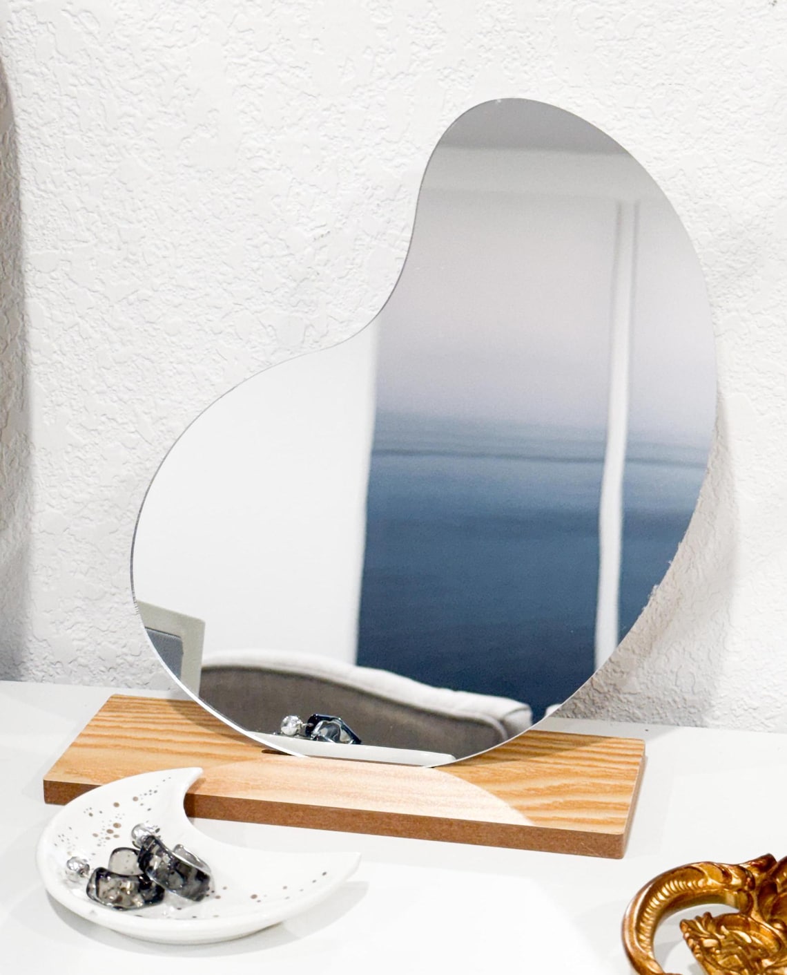 Irregular Acrylic Vanity Mirror With Wood Base, Modern Home Decor - Etsy