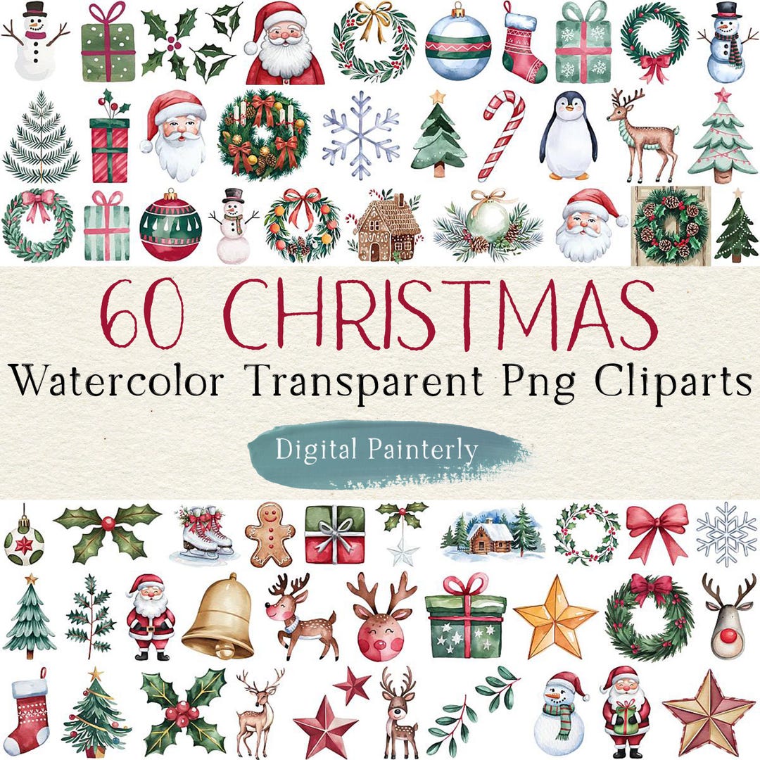60 Christmas Watercolor PNG Transparent Clipart, Santa Claus, Whimsical ...