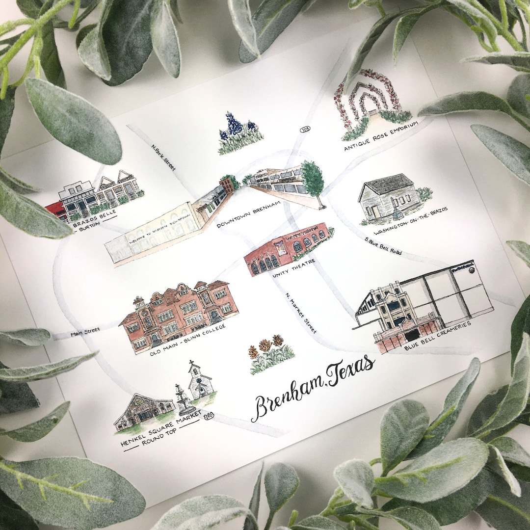Brenham Texas Art Map of Brenham Texas Blue Bell Watercolor Map Print ...