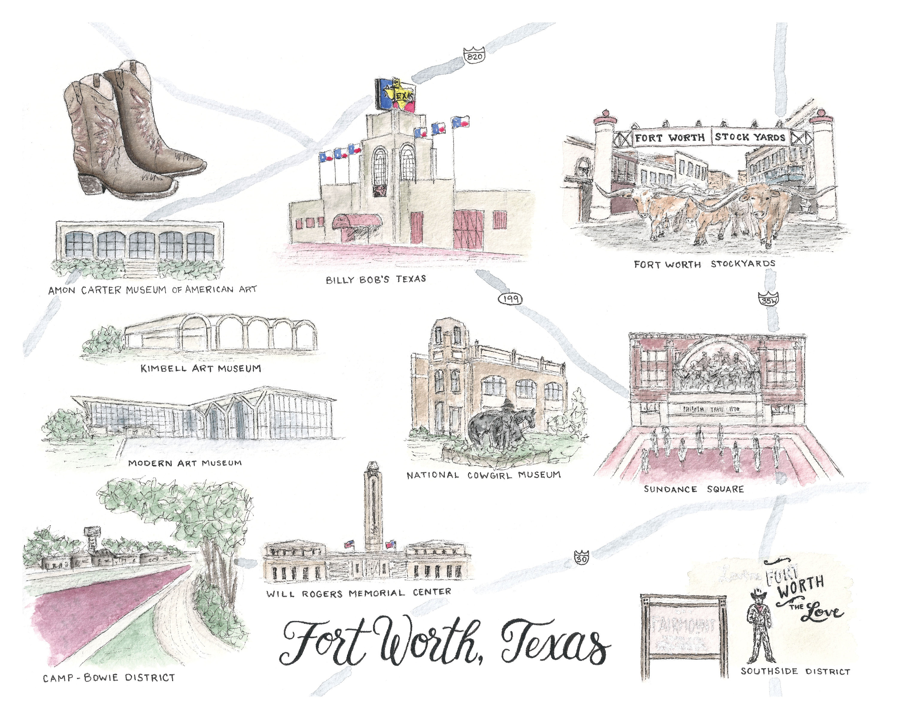 Fort Worth Texas Art Map of Fort Worth Texas Cowtown Watercolor Map ...