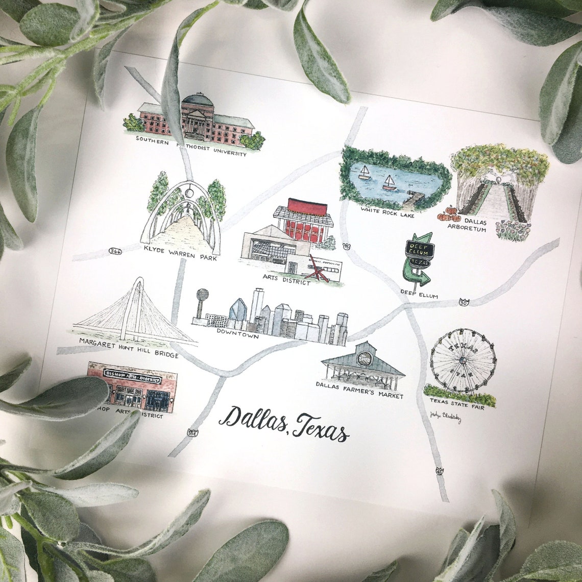 Dallas Watercolor Map of Dallas Texas Map Art Print Southern - Etsy