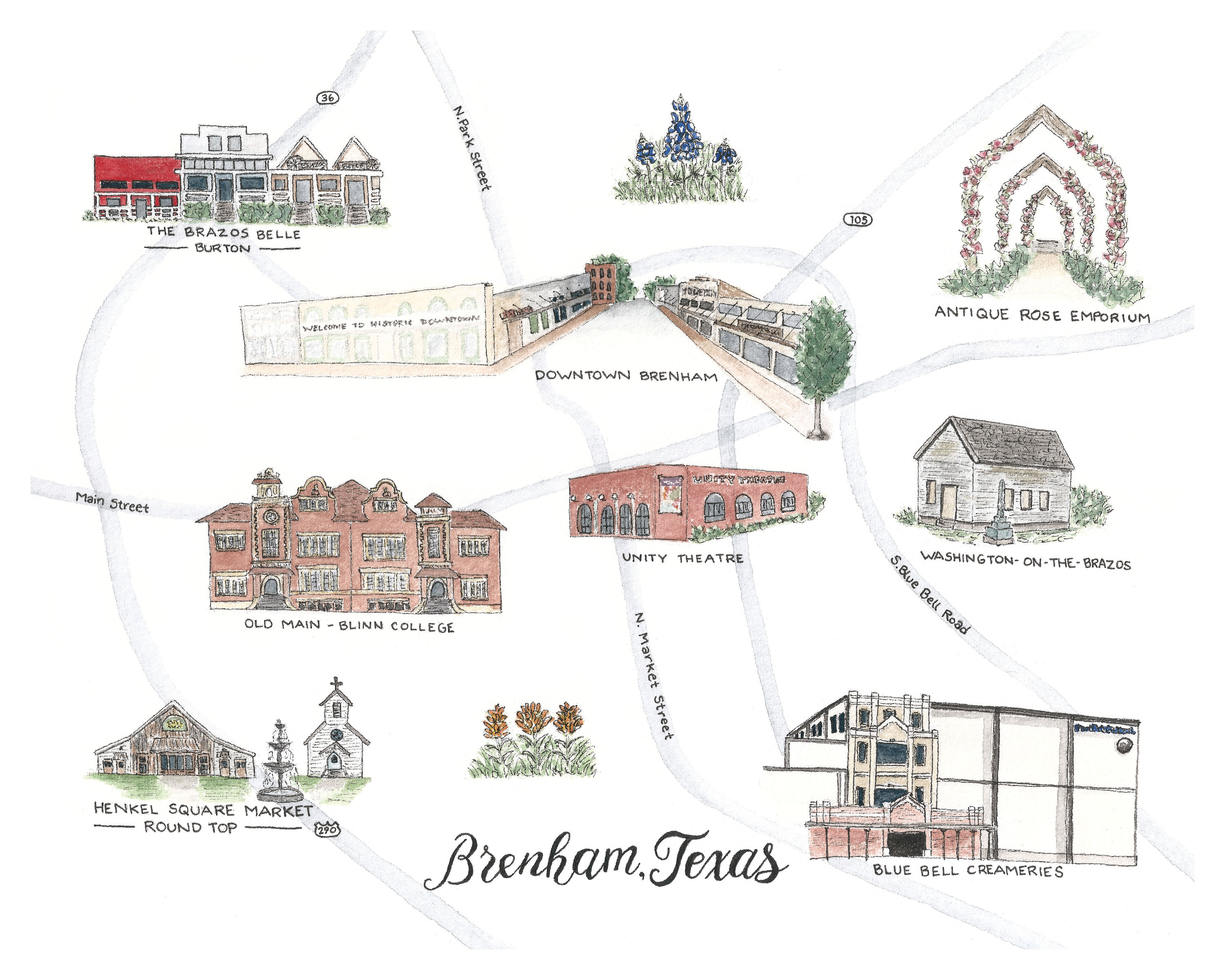 Brenham Texas Art Map of Brenham Texas Blue Bell Watercolor - Etsy