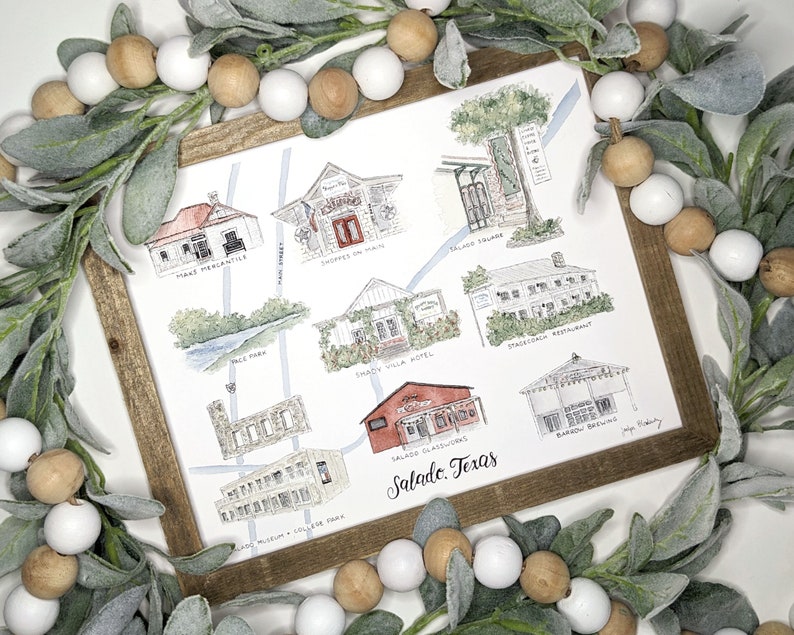 Salado Texas Watercolor Map Art Print: Illustrated Town Square (8x10 ...