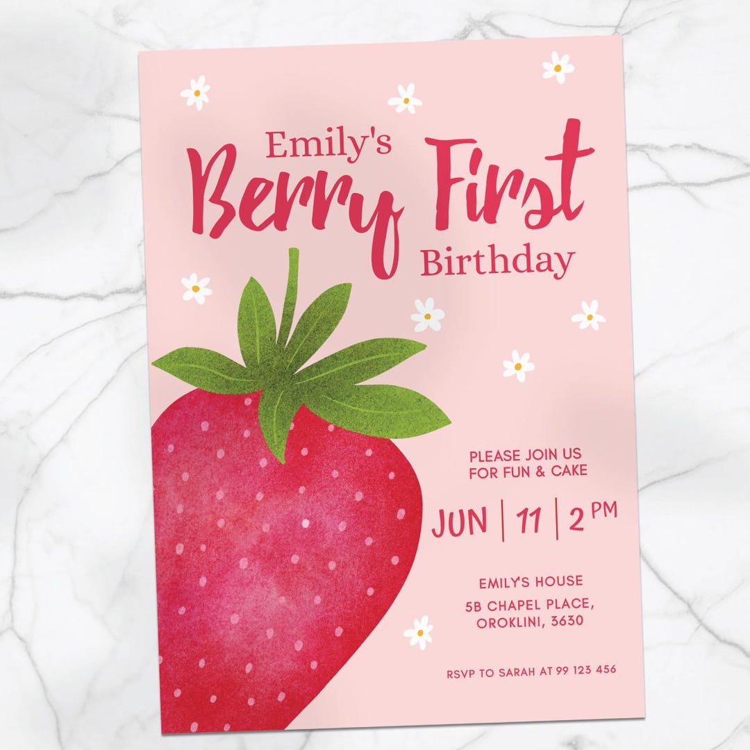 Berry First Birthday Invitation, Strawberry Theme Party Invite, Girl ...