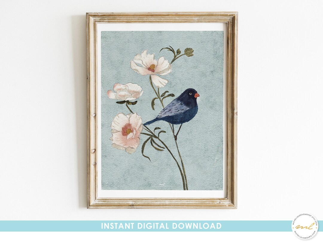 Watercolour Bird and Botanical Print, Vintage Style Bird Art, Botanical ...