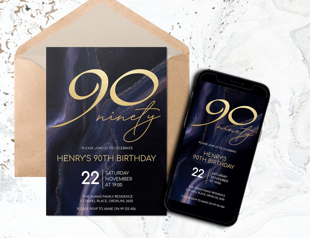 Elegant 90th Birthday Invitation, Gold 90 Birthday Invite, Marble Party ...