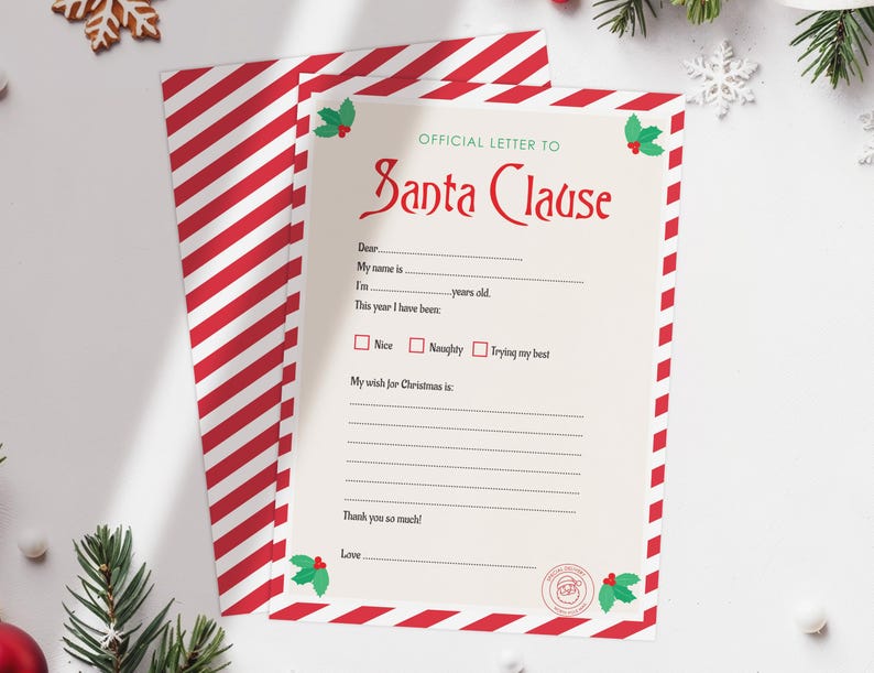 Dear Santa Letter Printable, Christmas Wish List for Kids, Santa Claus ...