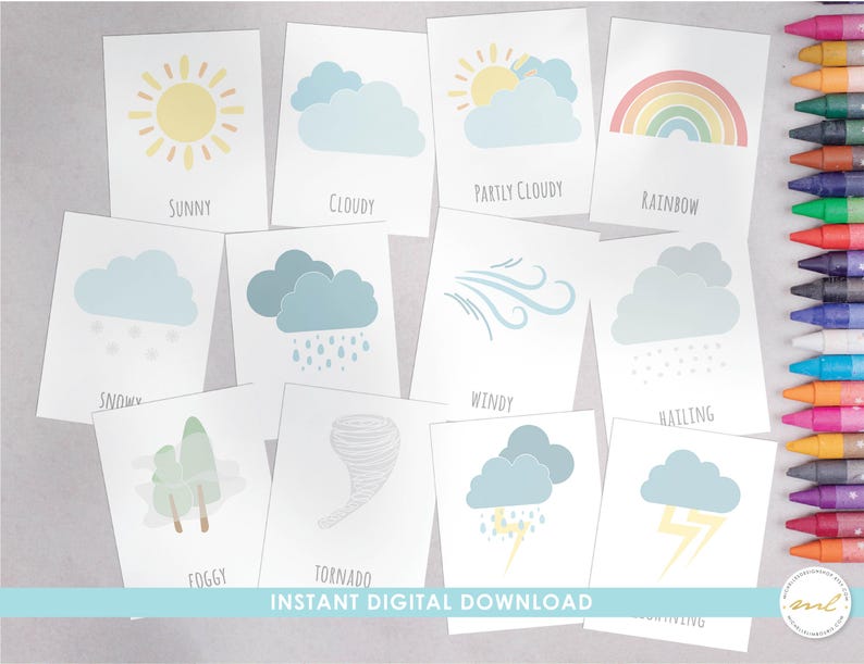 Weather Flash Cards, Montessori Printable, Educational Flashcards ...