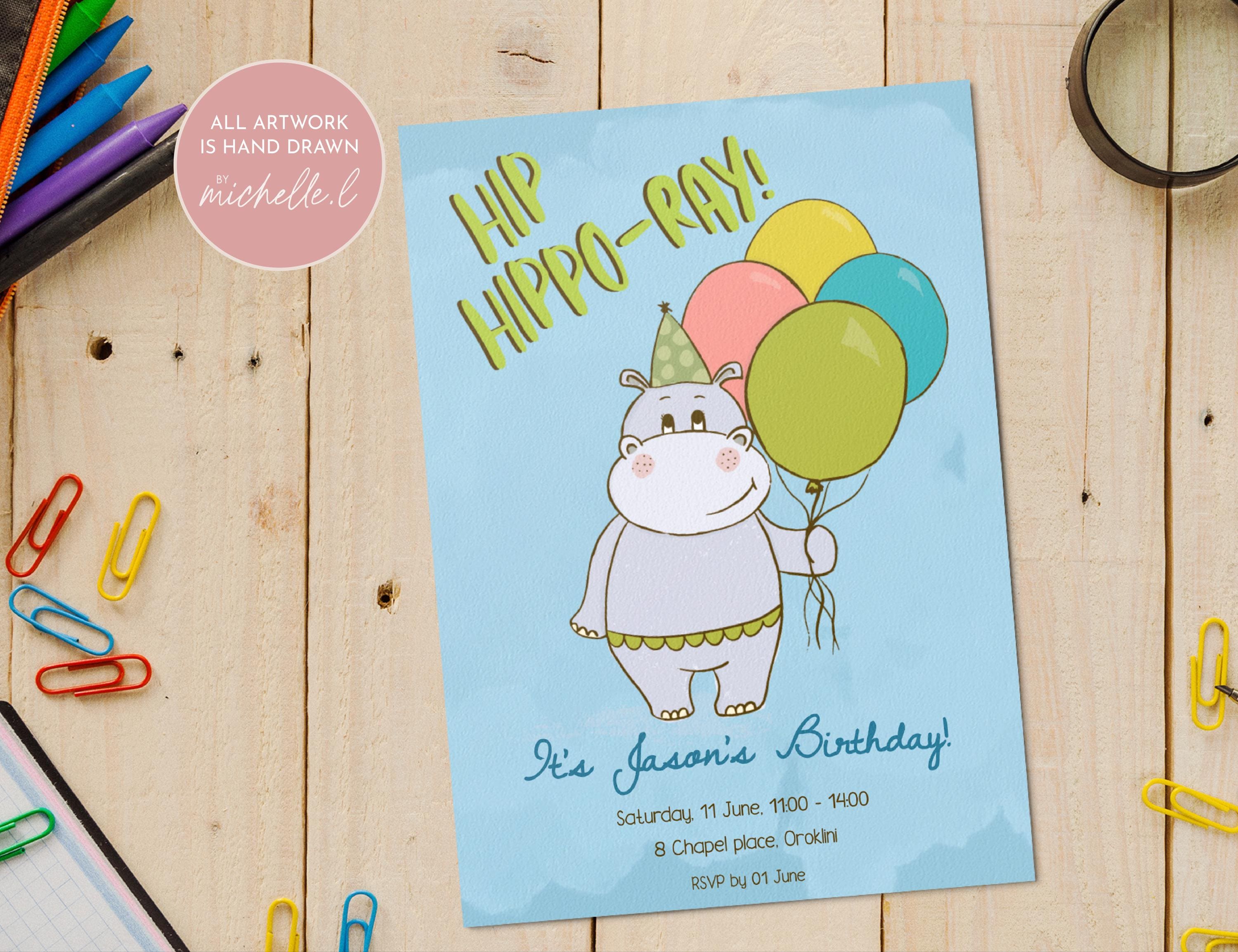 Editable Hippo Birthday Invitation, Hippo Birthday Party, Hippo ...