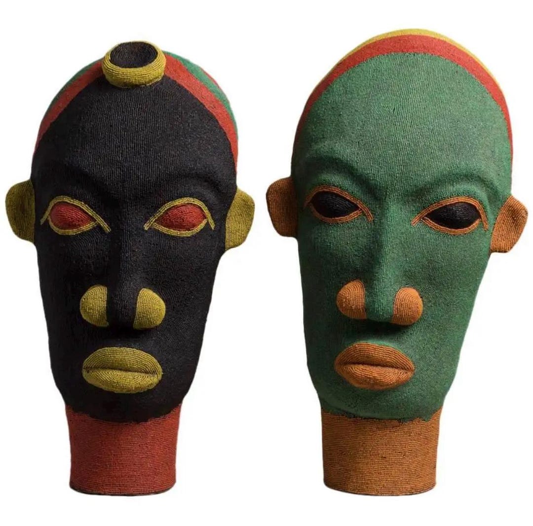 Vintage African Mask, Set of 2 Beaded Mask Decor for Home + Free Juju ...