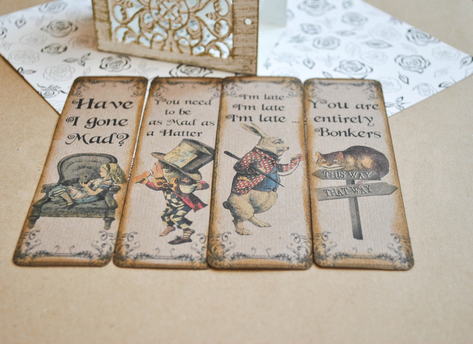 4 Alice in Wonderland Bookmarks | Recycled Brown Paper Bookmarks ...
