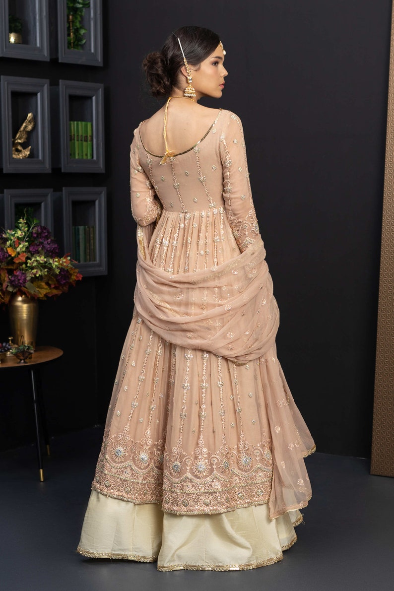 Pakistani Designer Dress: Dusty Peach Chiffon Gown With Heavy ...