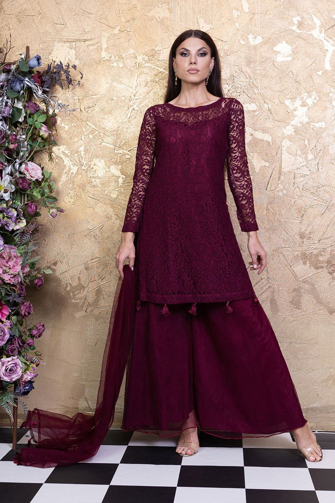 Pakistani Designer Dress: Maroon Gharara Sharara Embroidery Ladies ...