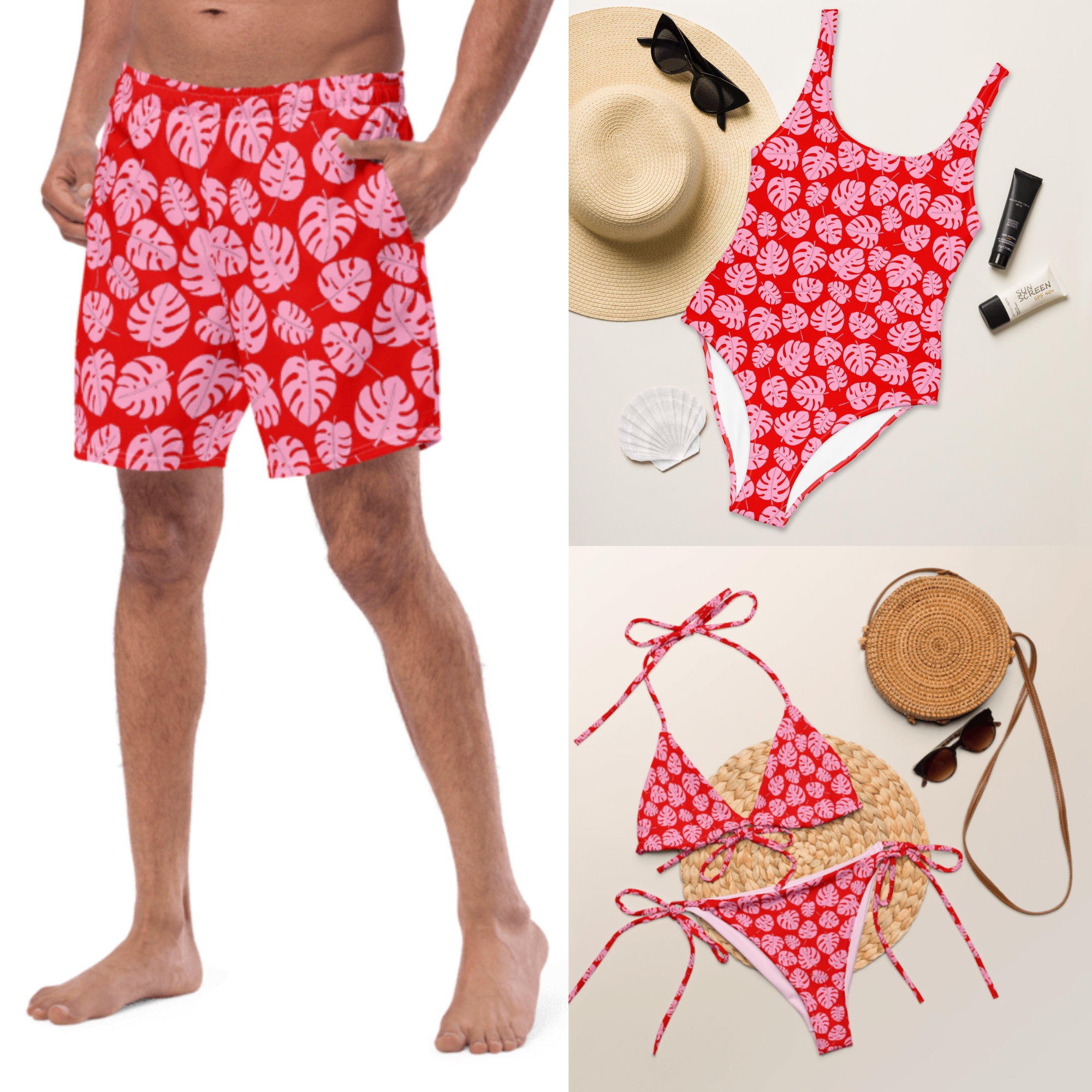 Matching Swimsuits. Tropical Leaves Print Swimwear. Couples Swimsuits ...