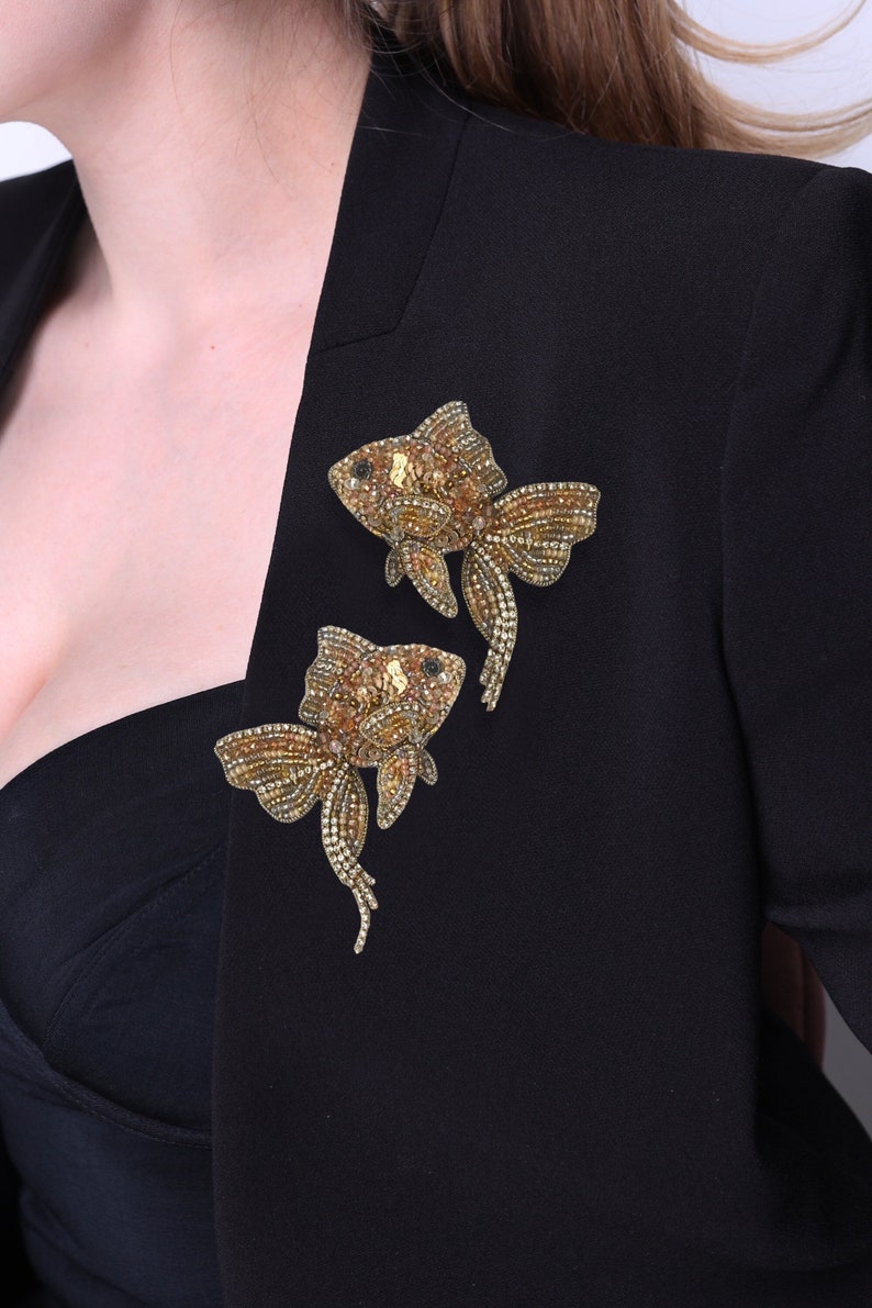 Bead Embroidery Pin, Beaded Gold Fish Brooch Pin, Ocean Jewelry ...