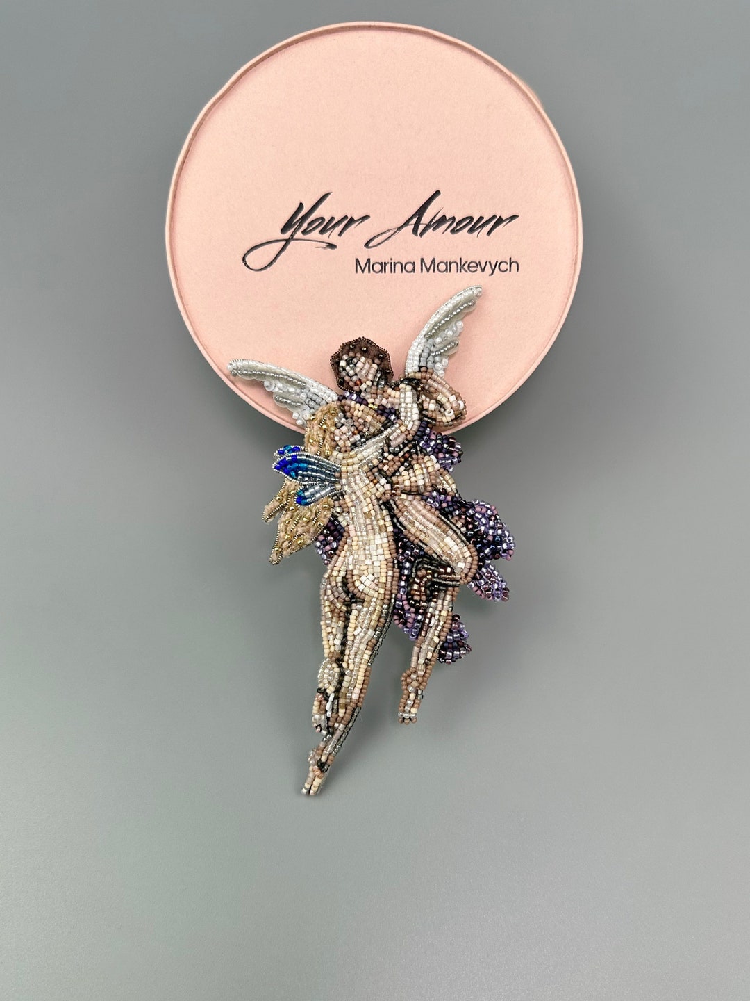 Beaded Brooch Pin Bouguereau Cupid and Psyche Vintage Angel Victorian ...