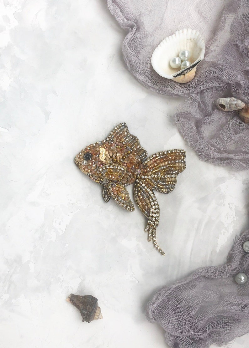 Bead Embroidery Pin, Beaded Gold Fish Brooch Pin, Ocean Jewelry ...
