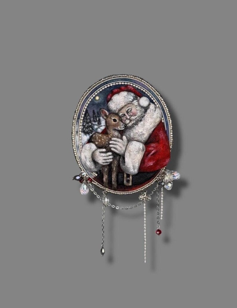 Beaded Embroidery Brooch Pin Santa Claus Christmas Gift Unique Deer ...