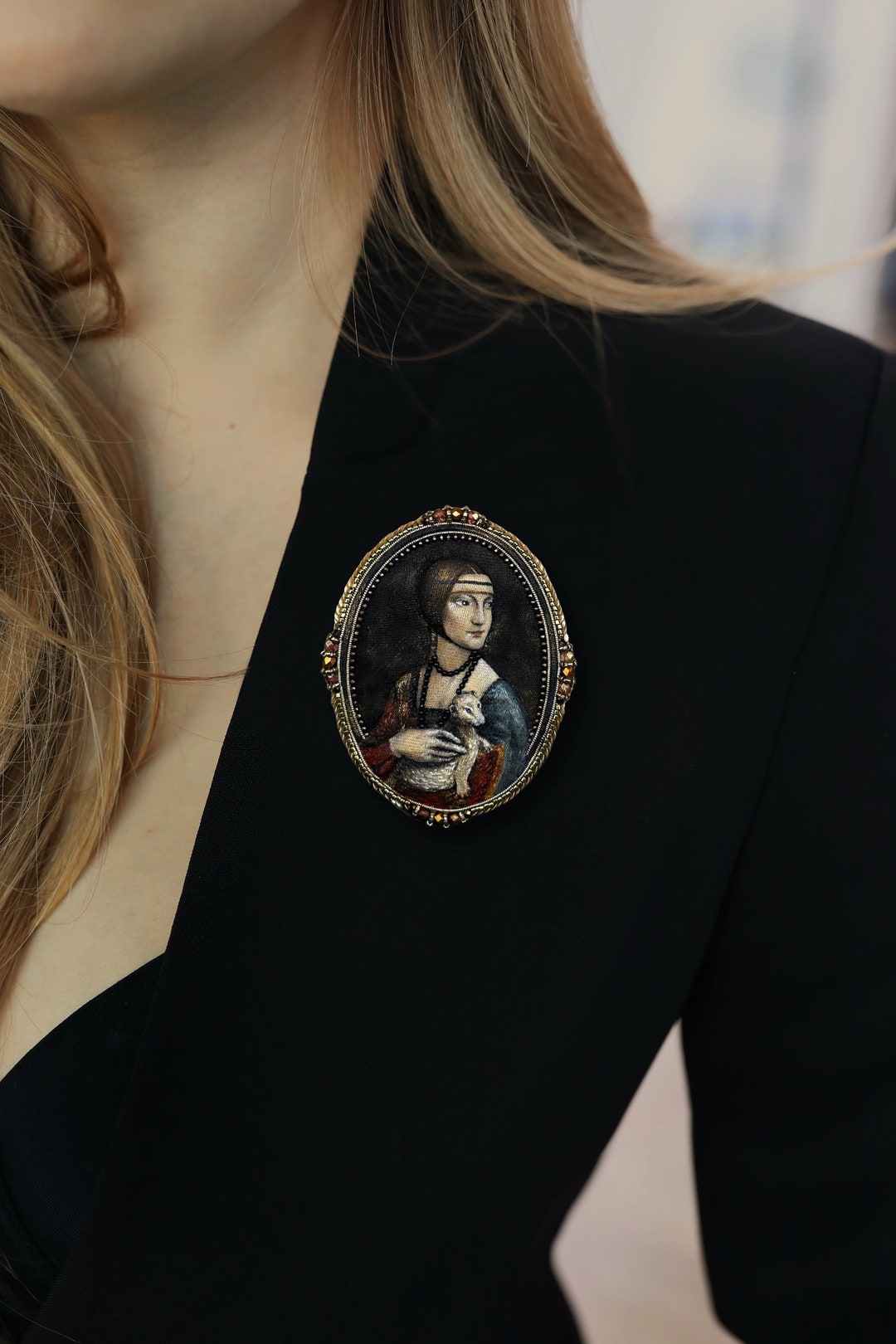 Vintage Brooch Pin, Victorian Portrait Embroidery Beaded Brooch Pin ...