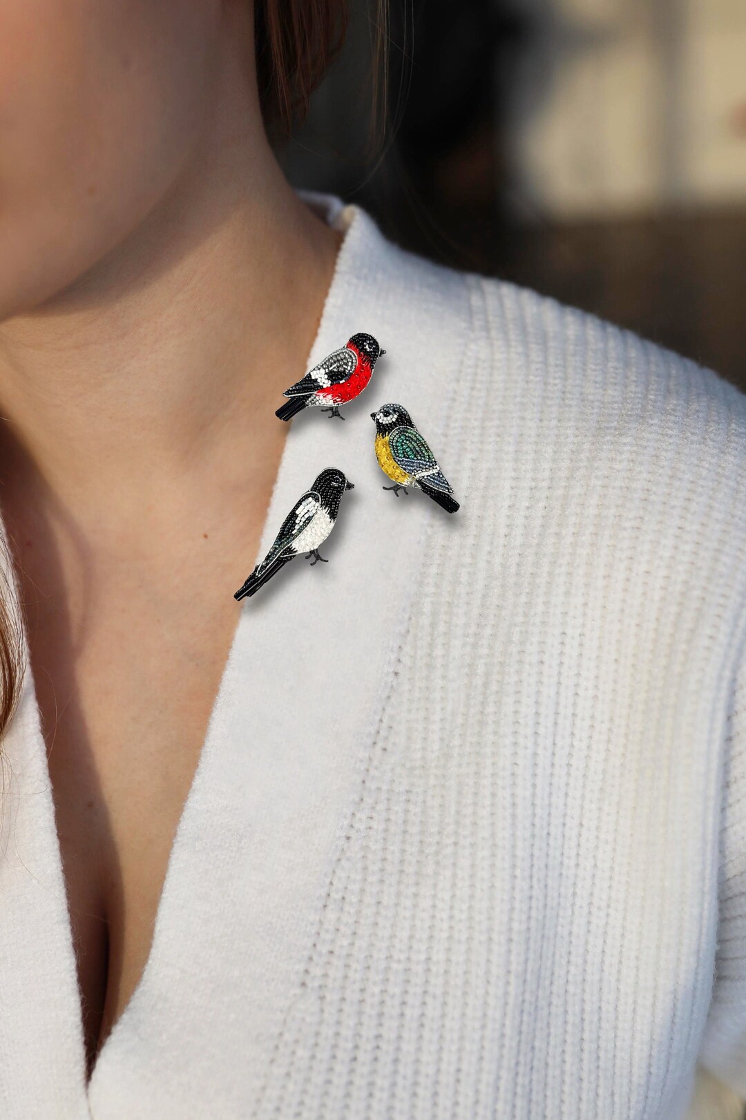 Beaded Brooch Bird Embroidered Jewelry Set Magpie Bullfinch Tit Best ...