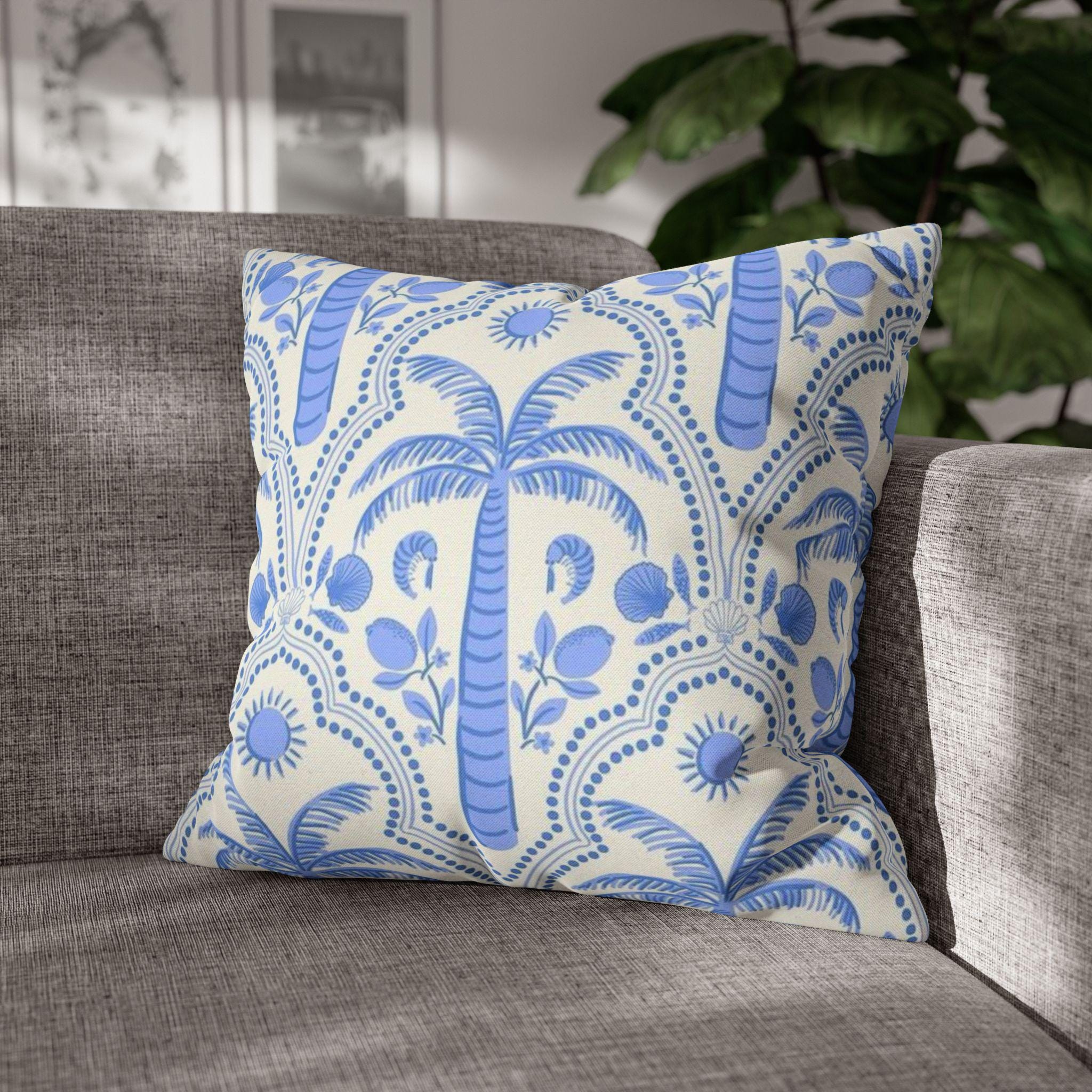 Blue White Coastal Palm Leaf Pillow Throw Pillow Blue White Tropical ...
