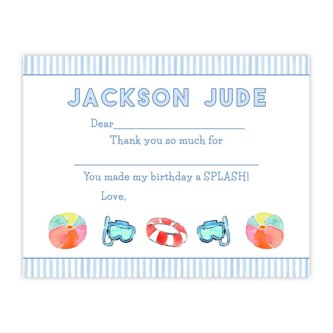 Printable Boy Pool Party Thank You Notes, Boy Pool Party Supplies, Kids ...
