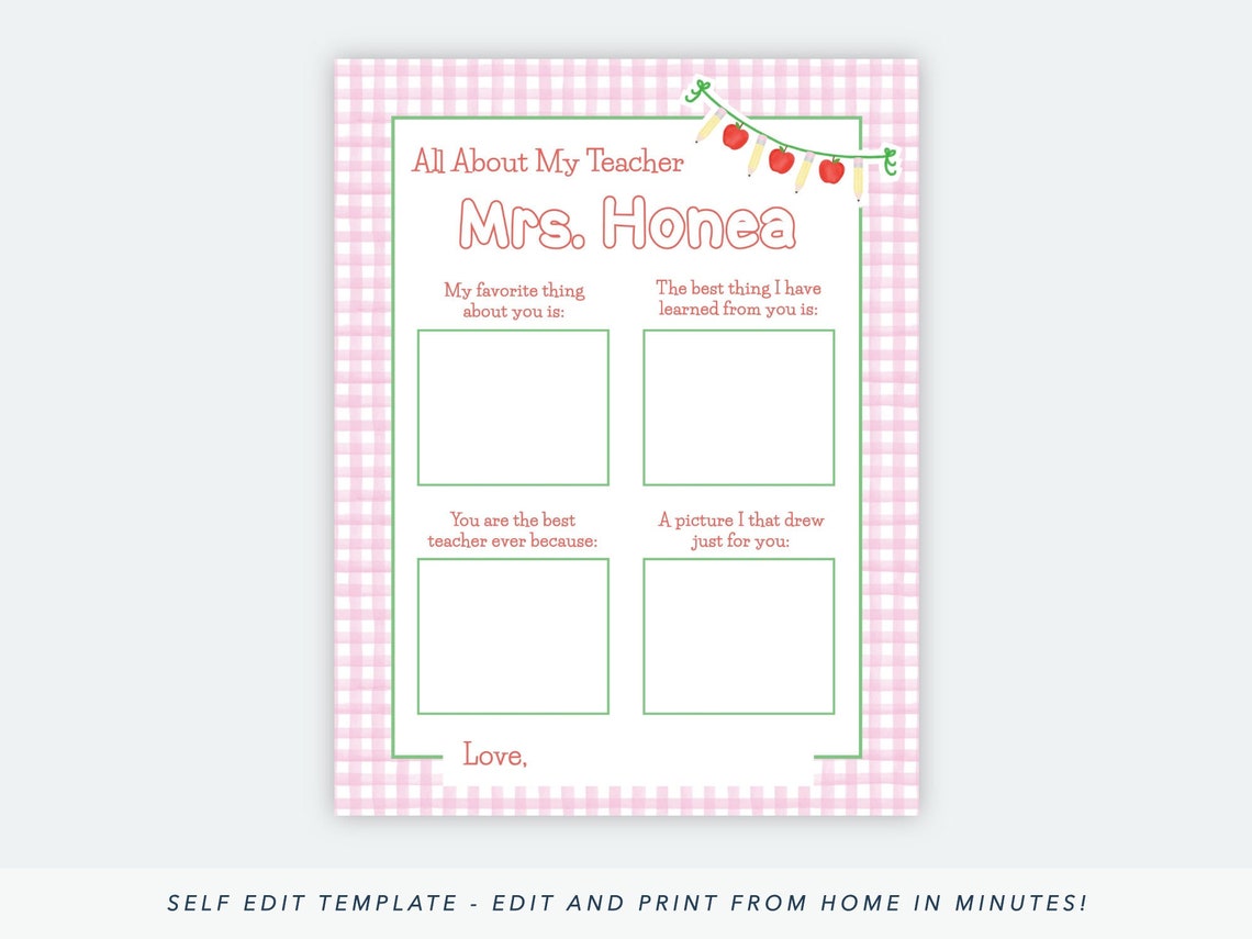 Printable All About My Teacher Page Teacher Appreciation Week | Etsy