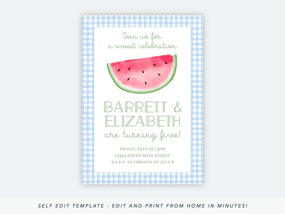 Printable Watermelon Birthday Party Invitation Watermelon | Etsy