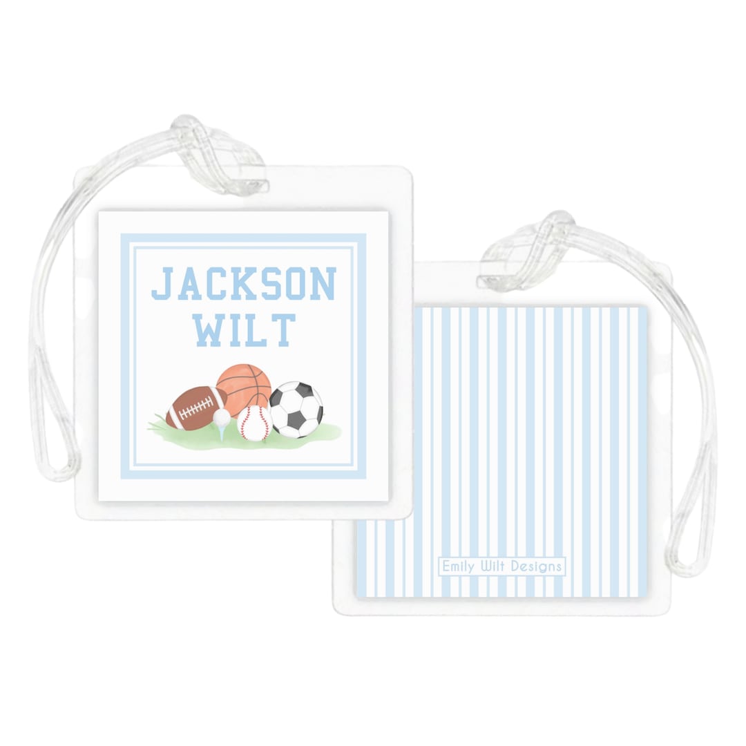 Boys Sports Name Tag – Light Blue Custom Bag Tag – Printed Backpack Tag ...