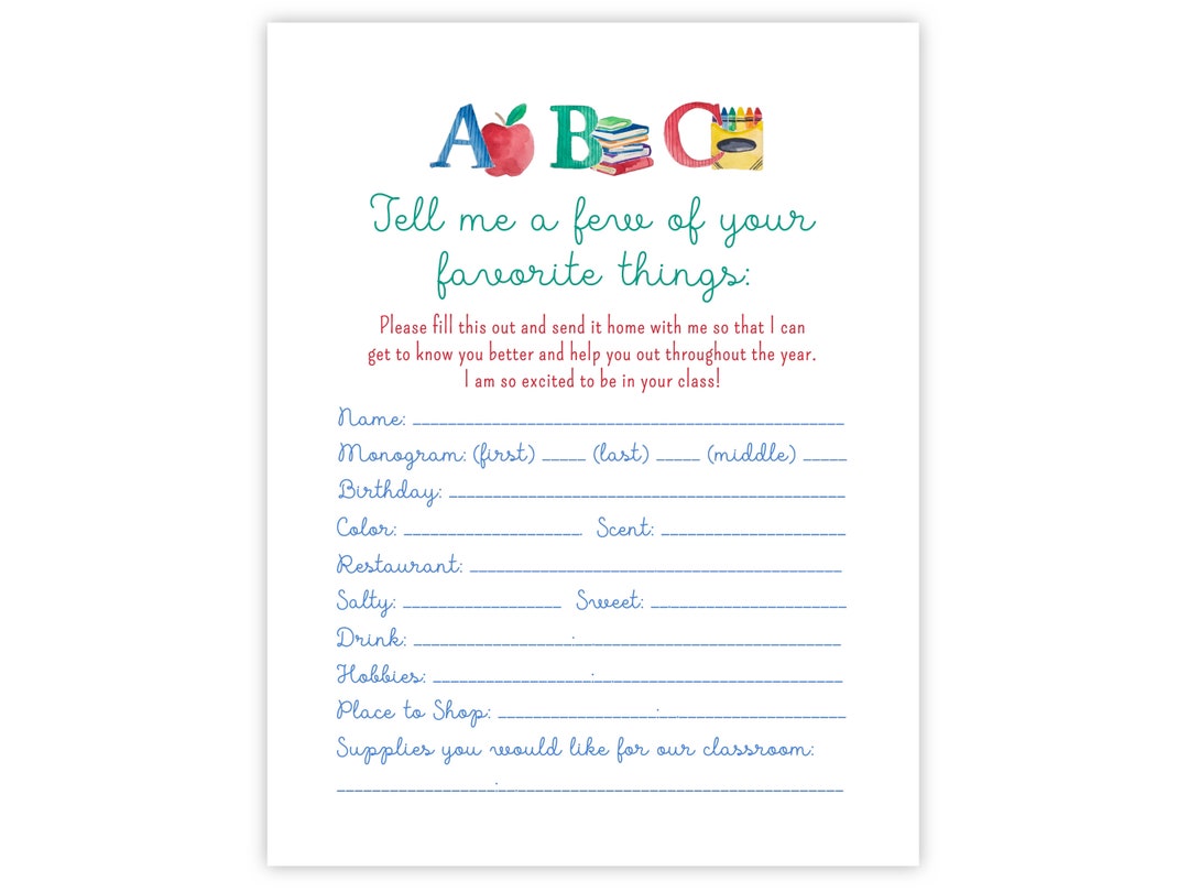 Buy PRINTABLE Teacher Questionnaire PDF | Back to School “about My ...