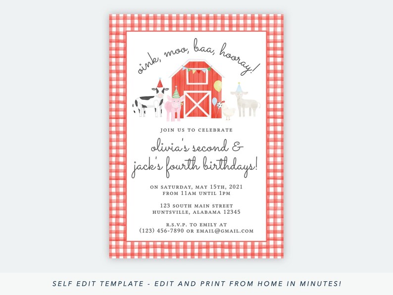 Printable Farm Birthday Invitation Farm Birthday Party | Etsy
