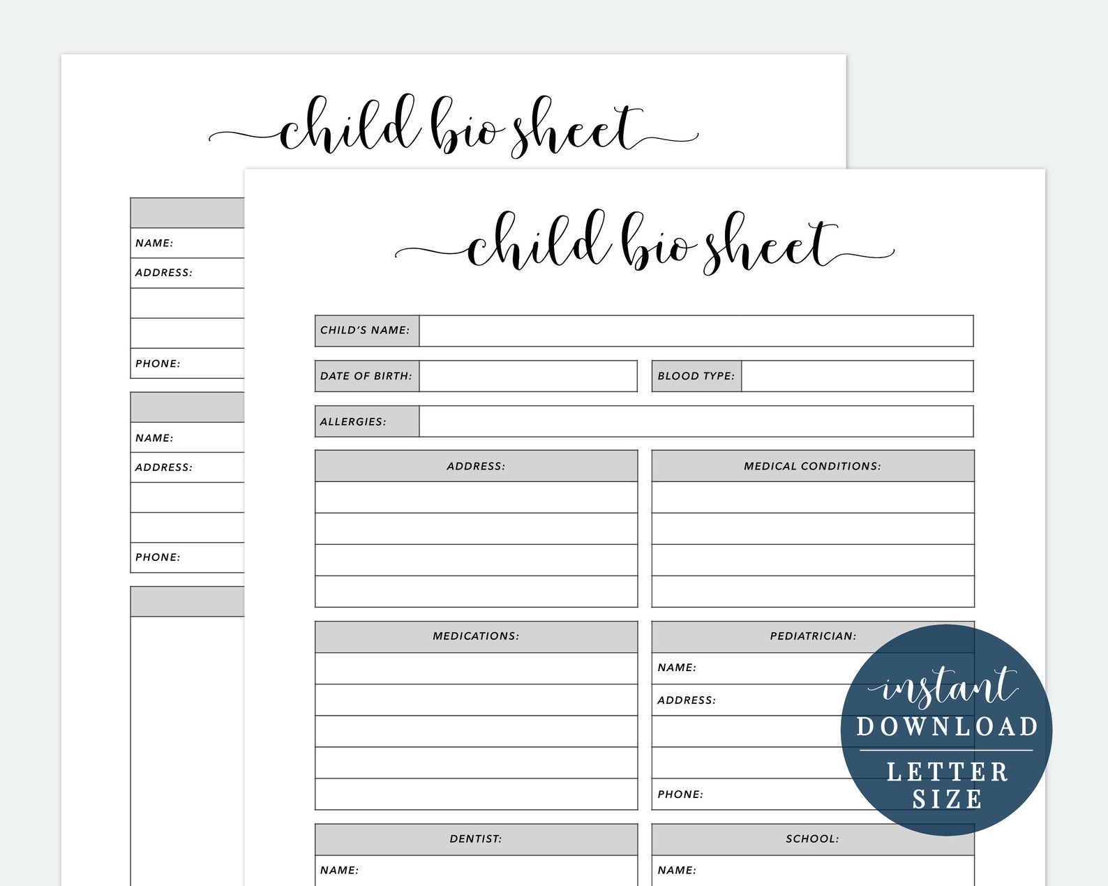 Child Bio Sheet Child Information Printable Family Emergency - Etsy