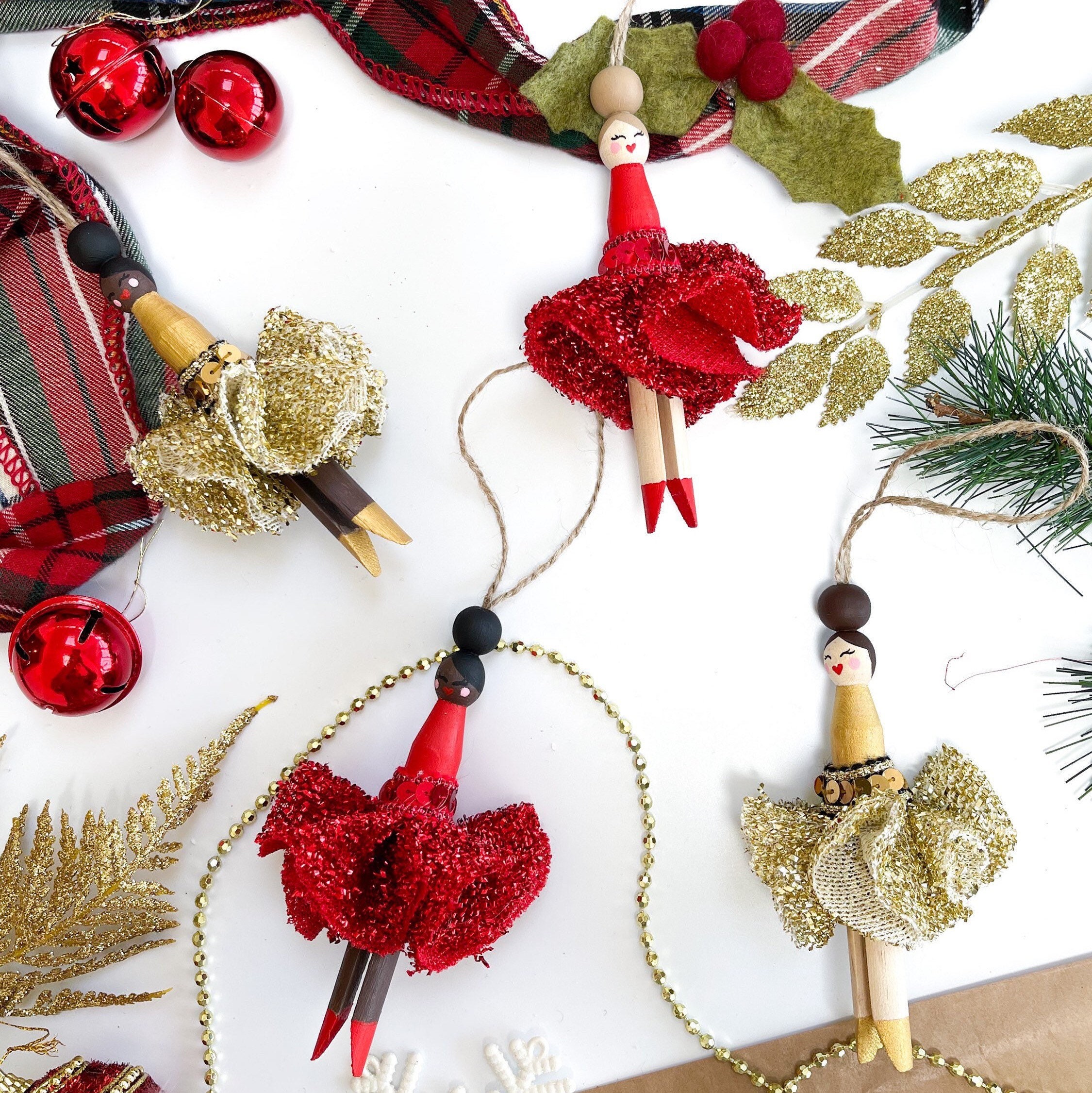 Peg Christmas Tree Decorations Red & Gold Fairy Princess Holiday ...