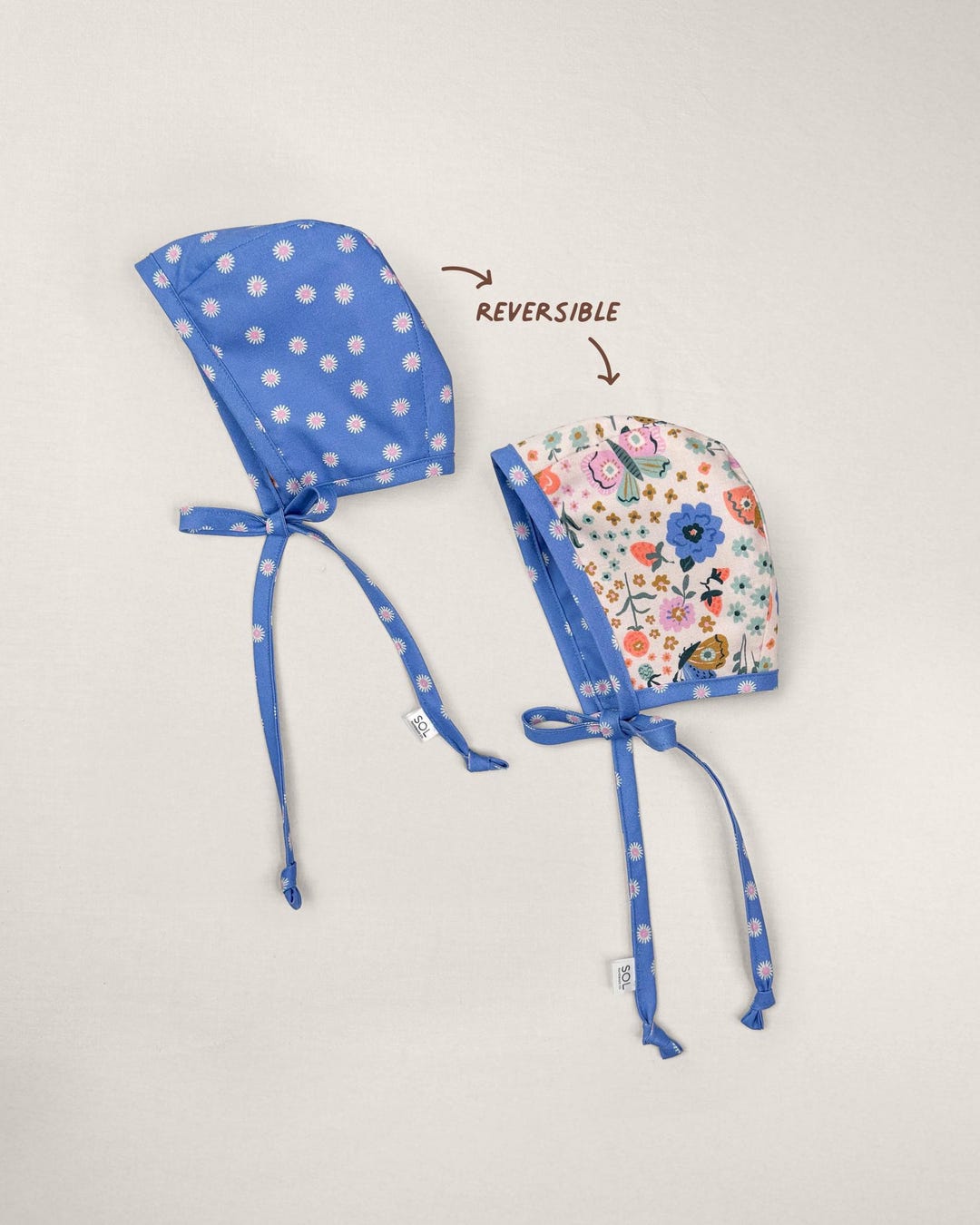 Reversible Blue Daisy and Butterfly Bonnet | Handmade Organic Cotton ...
