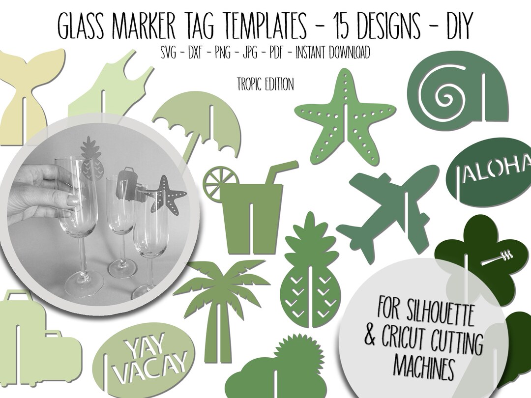 Tropical Theme Birthday Party Glass Name Tags, DIY, Bachelorette, Glass ...