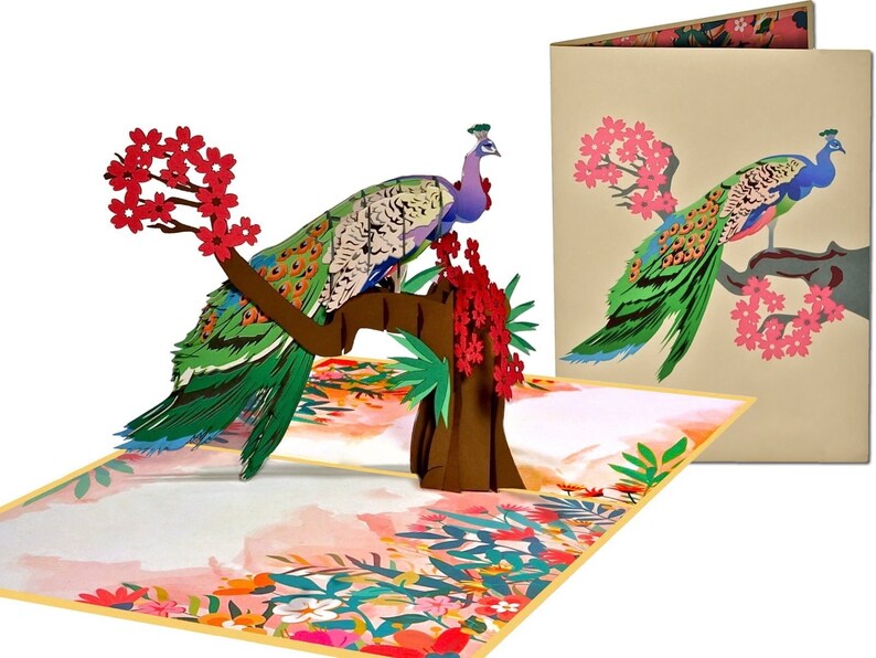 PEACOCK Pop up Card 3D Floral Bird Card PEACOCK Greeting Card Bird Pop ...