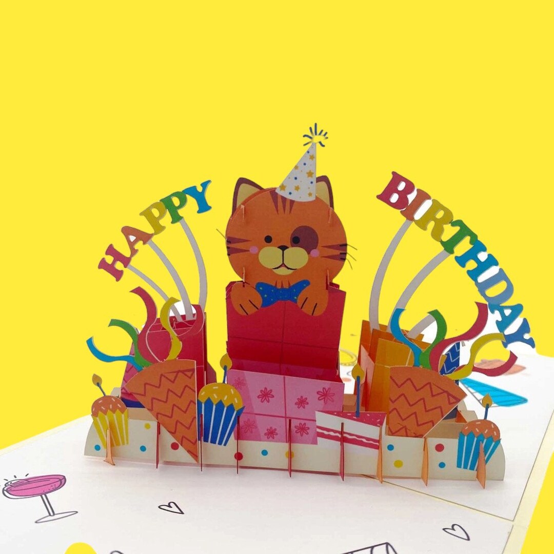 HAPPY BIRTHDAY KITTEN Pop up Card Cat Birthday Card Cute 3D Cat Design ...