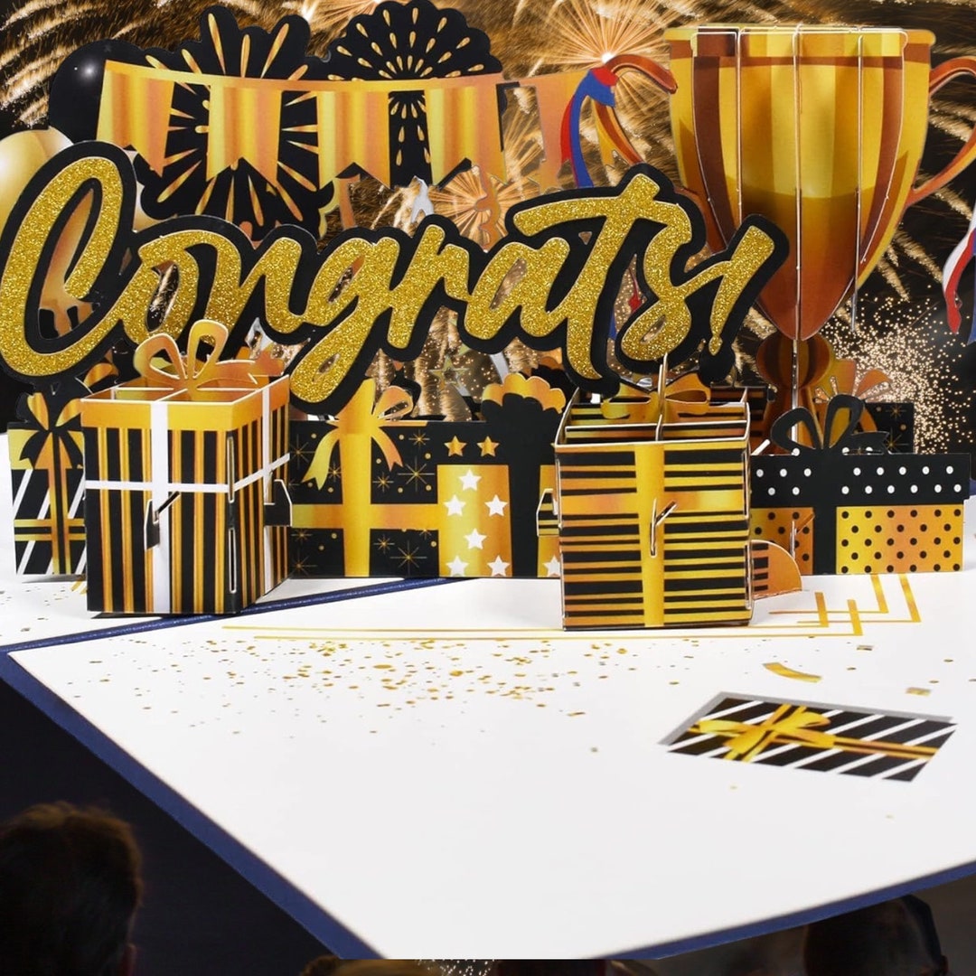 CONGRATULATIONS TROPHY Pop up Card CONGRATS Graduate Card Gold and Blue ...