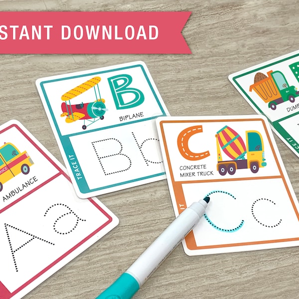 Alphabet Tracing Flashcards, Cars and Trucks Printable - Etsy